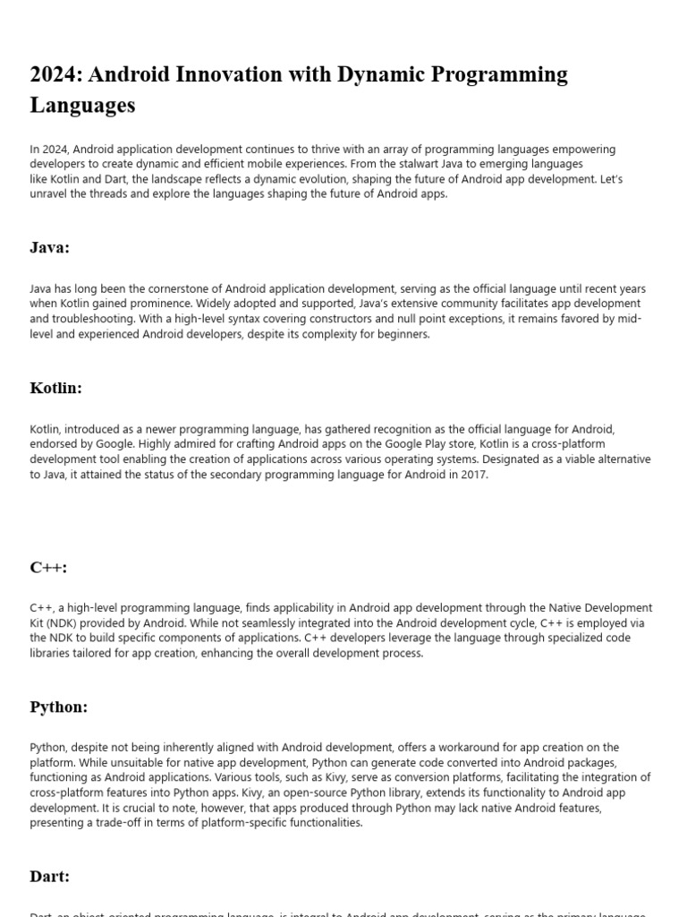 Programming Languages That Power Android Applications in 2024 | PDF | Cross Platform Software ...