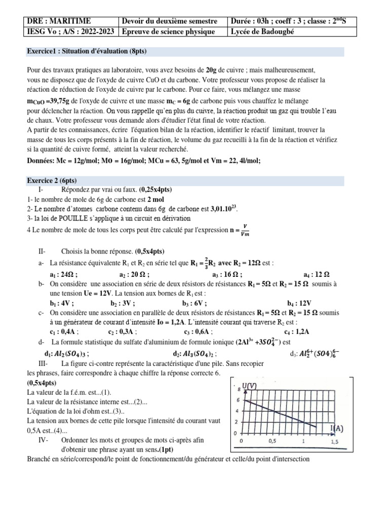 Devoir de Physique Seconde S | PDF | Résistance (électricité) | Cuivre