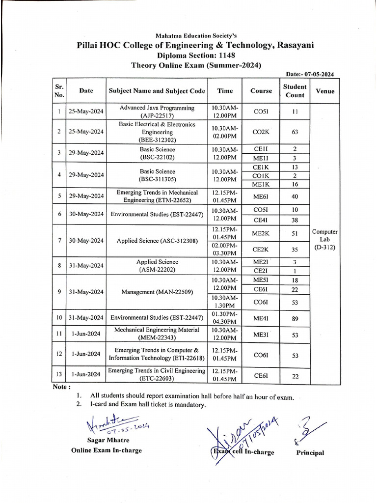 Online Exam Time Table Summer-24 | PDF