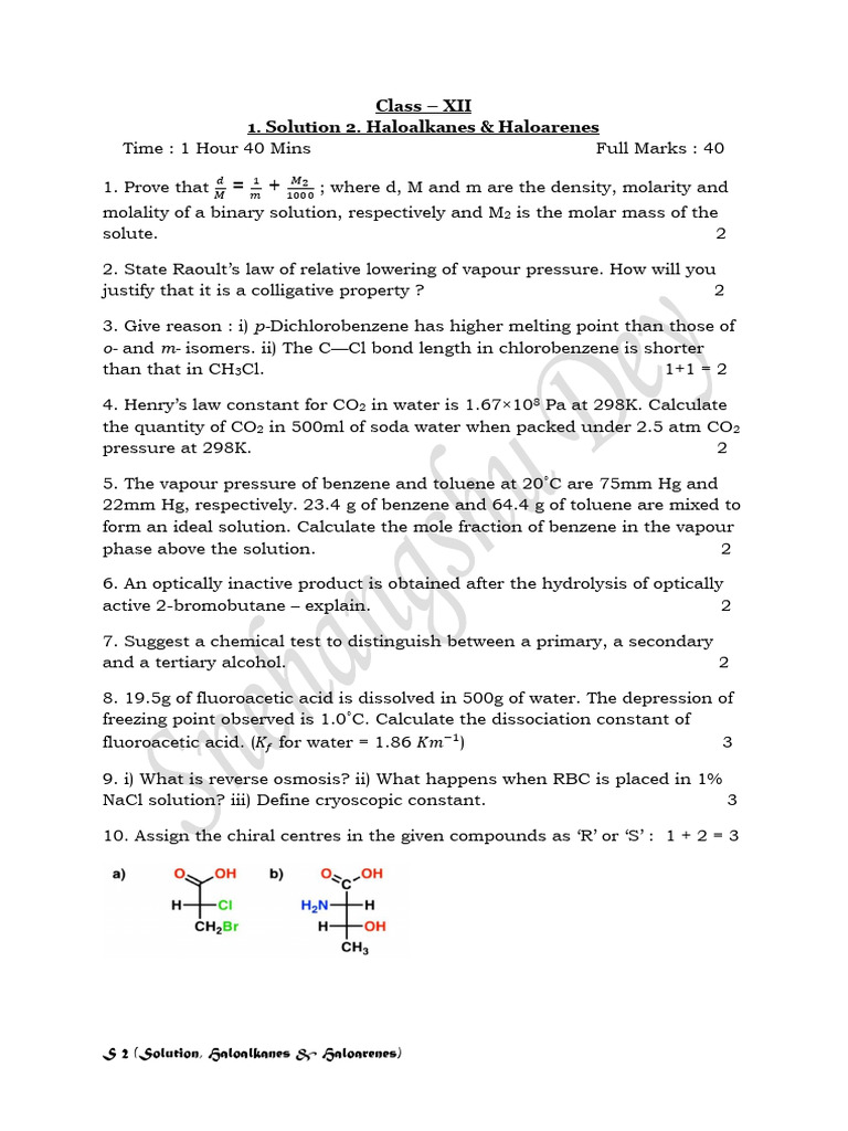XII (Soln &haloalkane, Haloarene) (SET 2) | PDF | Scientific Phenomena | Applied And ...