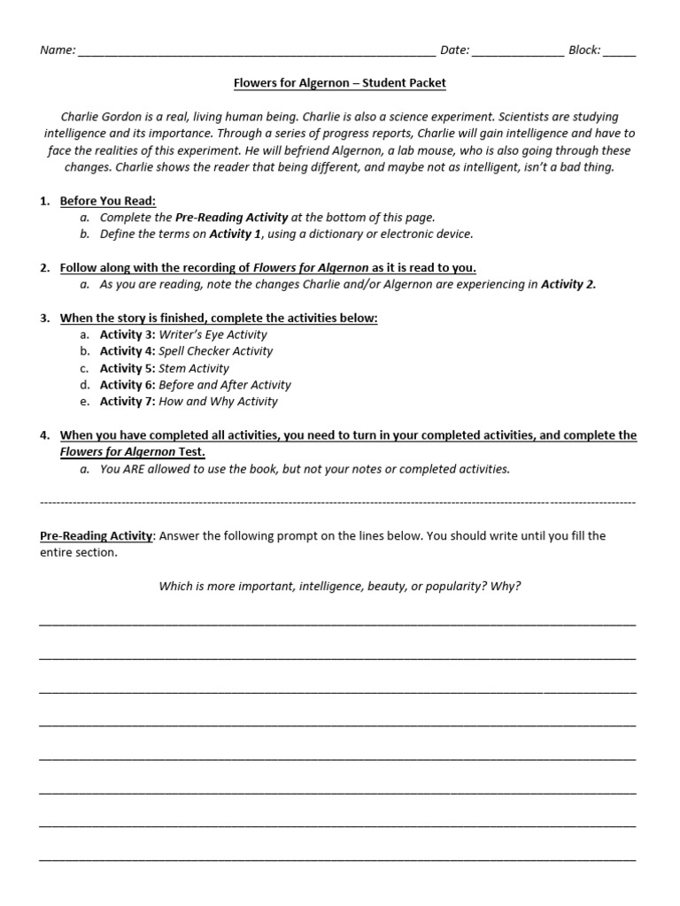Flowers For Algernon Packet | PDF | Intelligence | Feeling