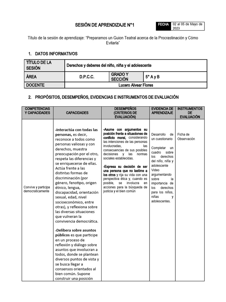 Sesión de Aprendizaje - Abril - DPCC - 3ro, 4to y 5to | PDF | Aprendizaje | Evaluación