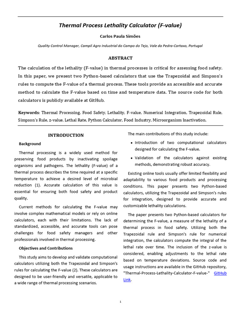 Calculator For Determining The Lethality (F Value) of A Thermal Process ...