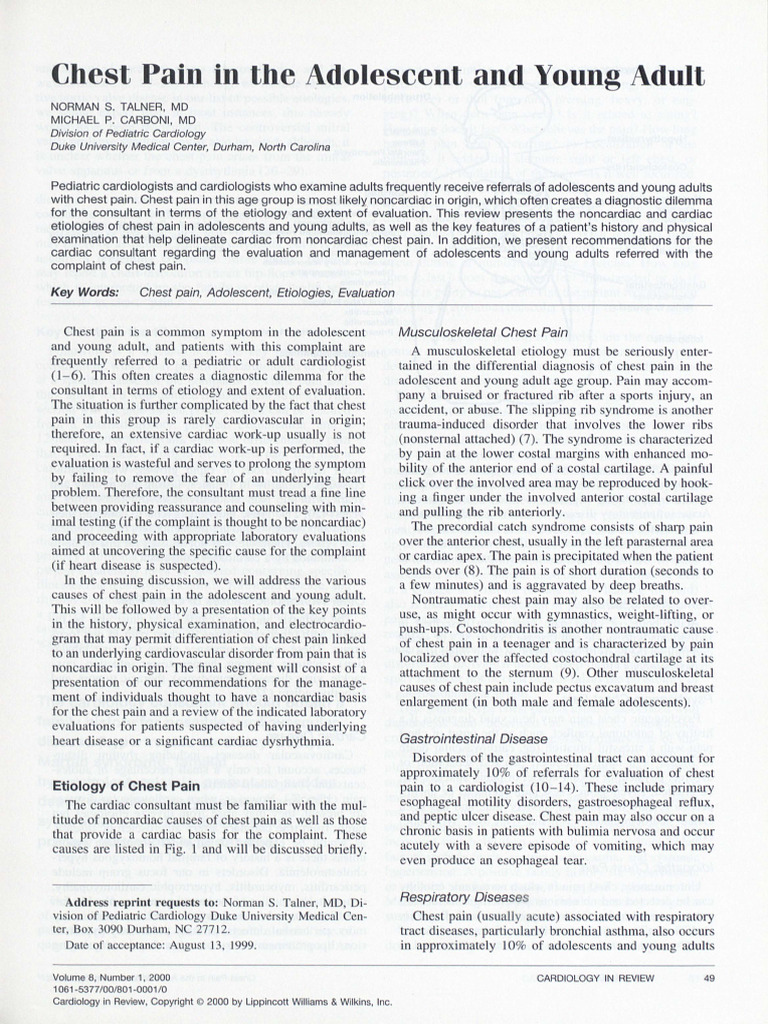 Chest Pain in Adolescent and Young Adult | PDF