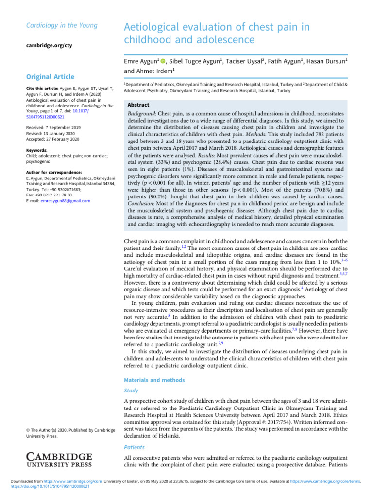 Aetiological Evaluation of Chest Pain in Childhood and Adolescence ...