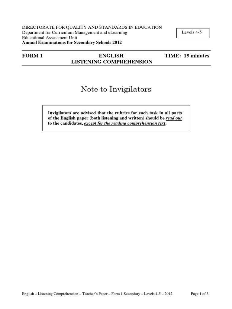 English f1 Lev4to5 2012 | PDF | Reading Comprehension | Educational ...