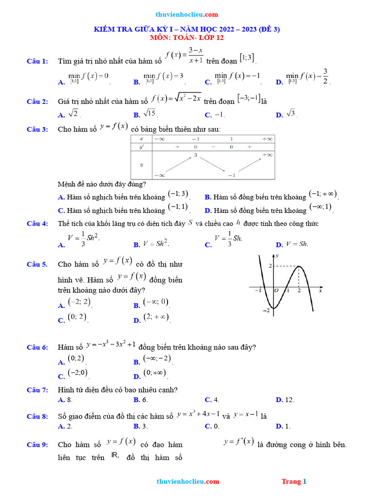 De Thi Giua HK1 Toan 12 Nam 22 23 de 3 | PDF