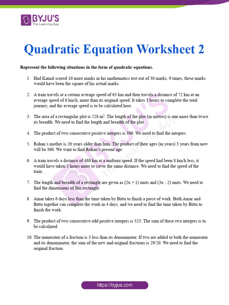 Quadratic Equation Worksheet 2 PDF | PDF | Science & Mathematics