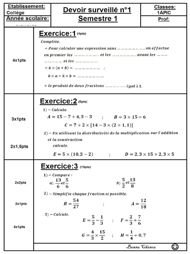 Devoir Maison N°1 Semestre 1 Maths 1apic Modele 1 | PDF