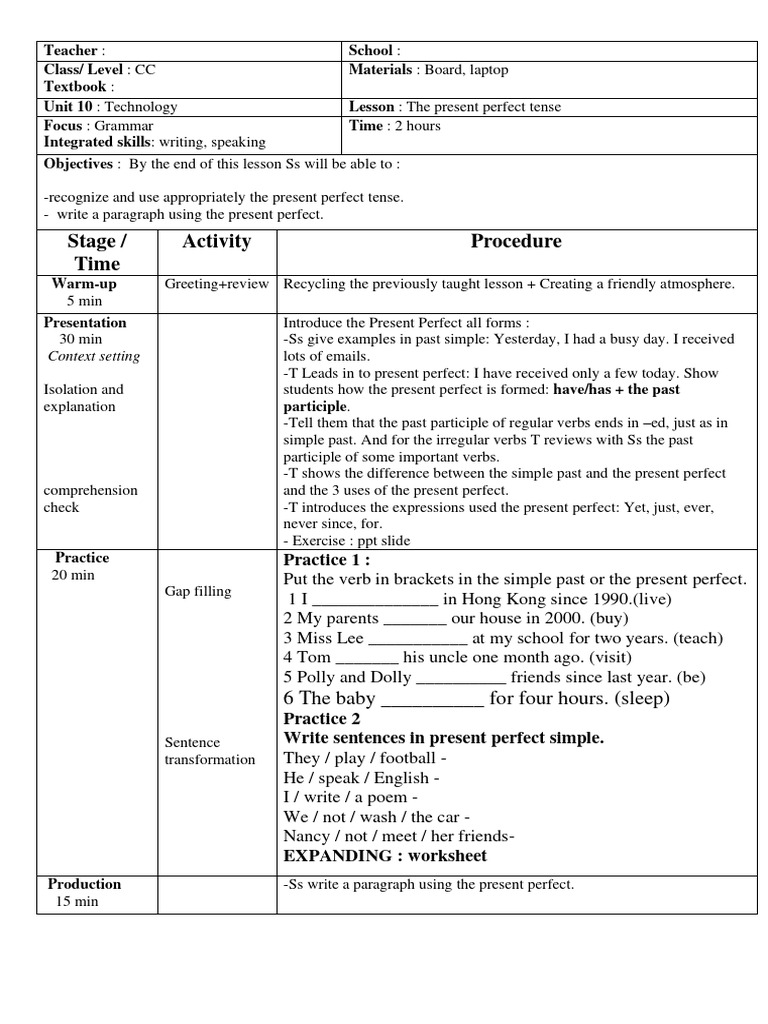 Lesson Plan -Grammar present perfect | PDF | Perfect (Grammar) | Language Mechanics