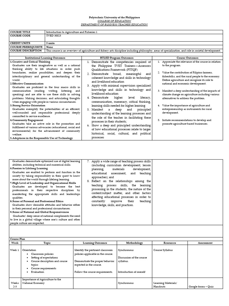 AGRI FISHERY 1 - PUP TVED 30023 Revised - Syllabus - Intro - To Agri 2 ...