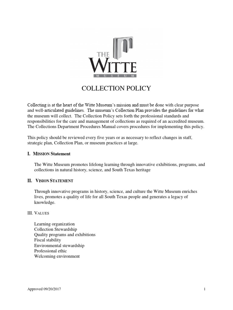Collection Policy Approved 09 20 2017 | PDF | Museum | Loans