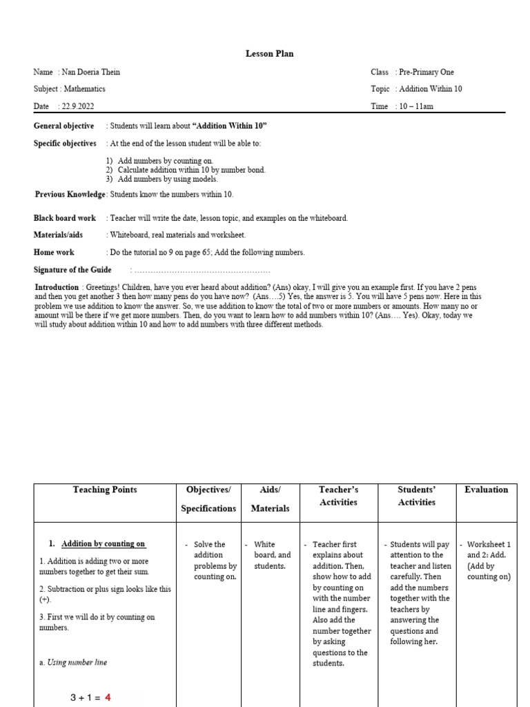 Lesson Plan 10 | PDF | Lesson Plan | Numbers