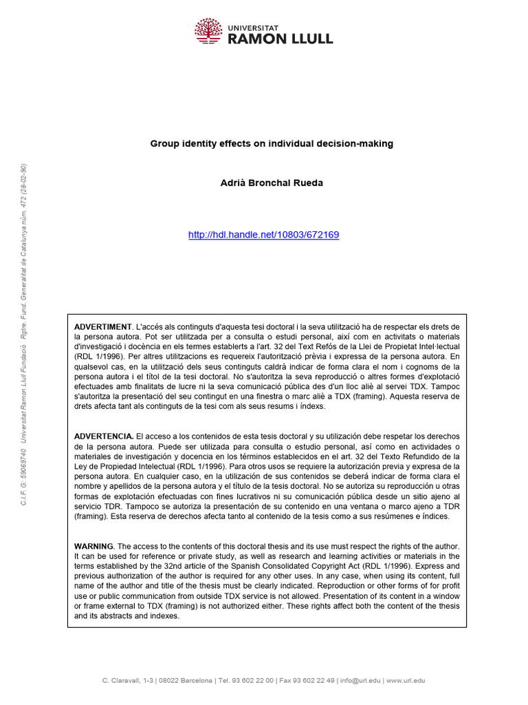 ECON Efectos de la identidad grupal en la toma de decisiones individuales (EN INGLES) TD | PDF ...