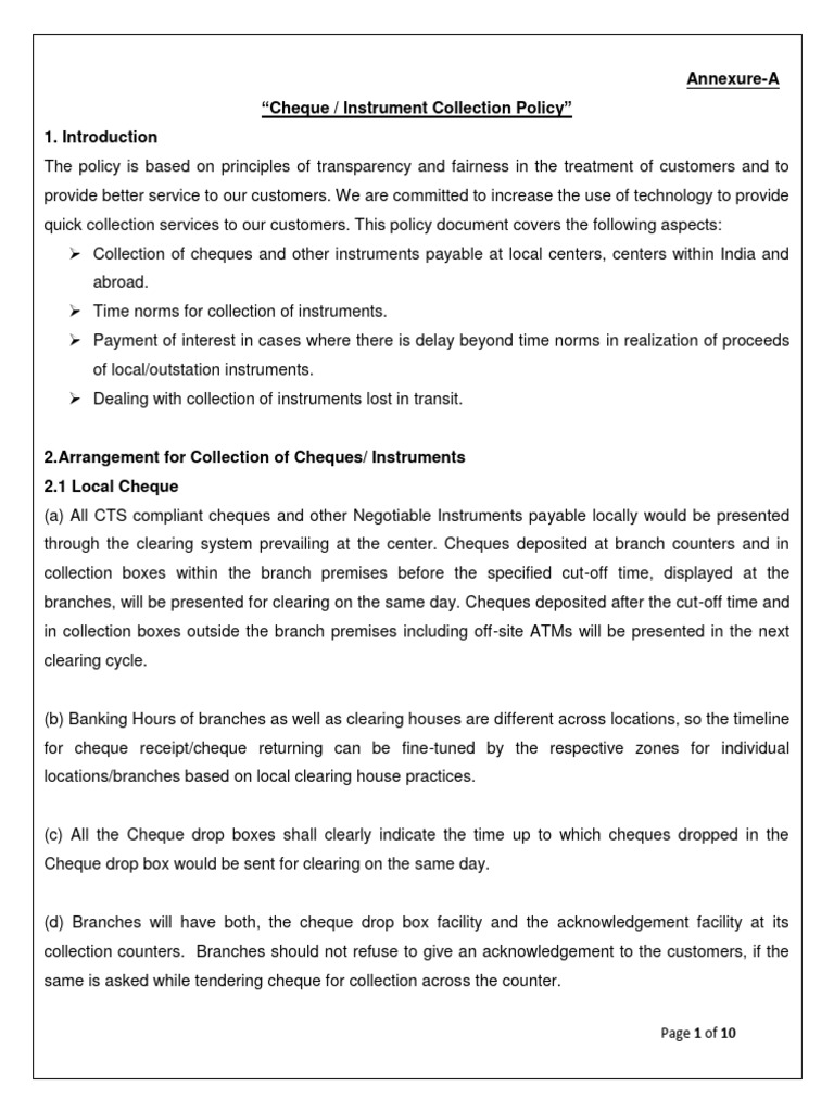 Cheque Intrument Collection Policy 07112020 | Download Free PDF ...