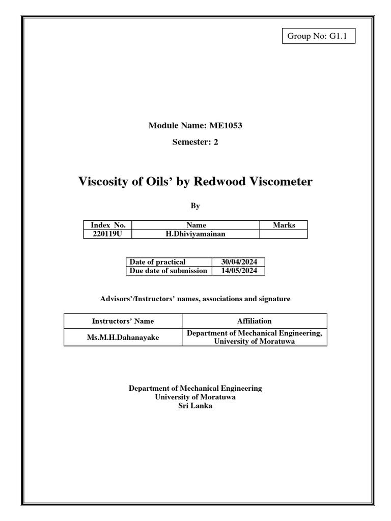 Redwood Viscometer 220119U H.dhiviyamainan | PDF | Viscosity | Motor Oil