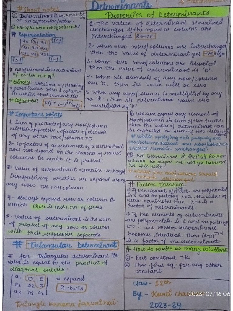 Determinants Short 1 Notes | PDF
