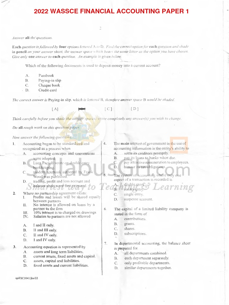 2022 Wassce Financial Accounting Paper 1 | PDF
