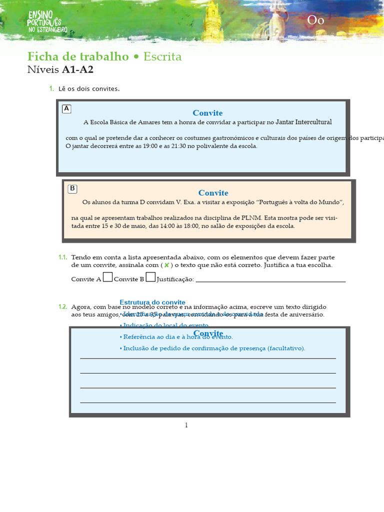 Ficha Trabalho Escrita A1a2 | PDF