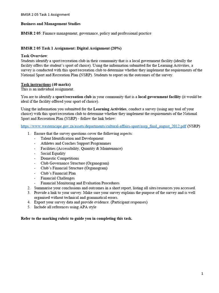 BMSR205 Task#1 Assignment 2024 | PDF | Governance | Sports