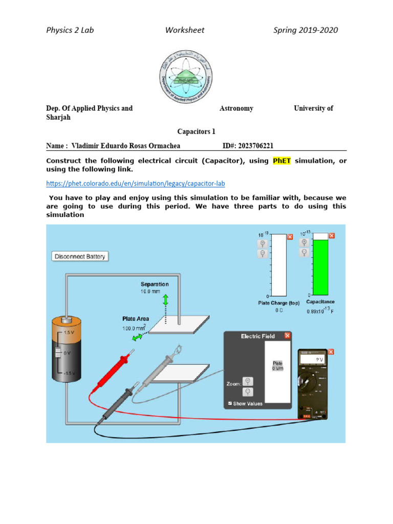 Actividad Capacitancia Fase 2 Fisica II Ing Industrial 2024-1--Capacitor 1 Worksheet a (2) (1 ...