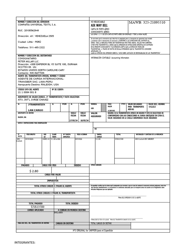 Modelo de Air Waybill Awb o Conocimiento | PDF | Economias