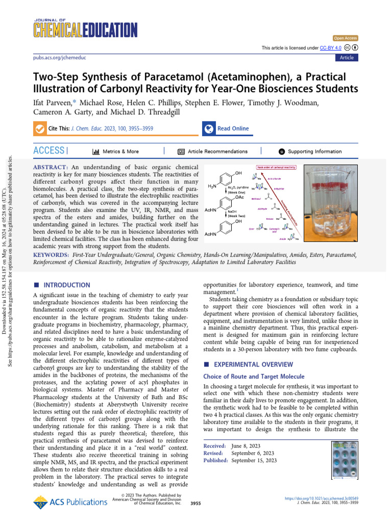 Parveen Et Al 2023 Two Step Synthesis of Paracetamol (Acetaminophen) A ...