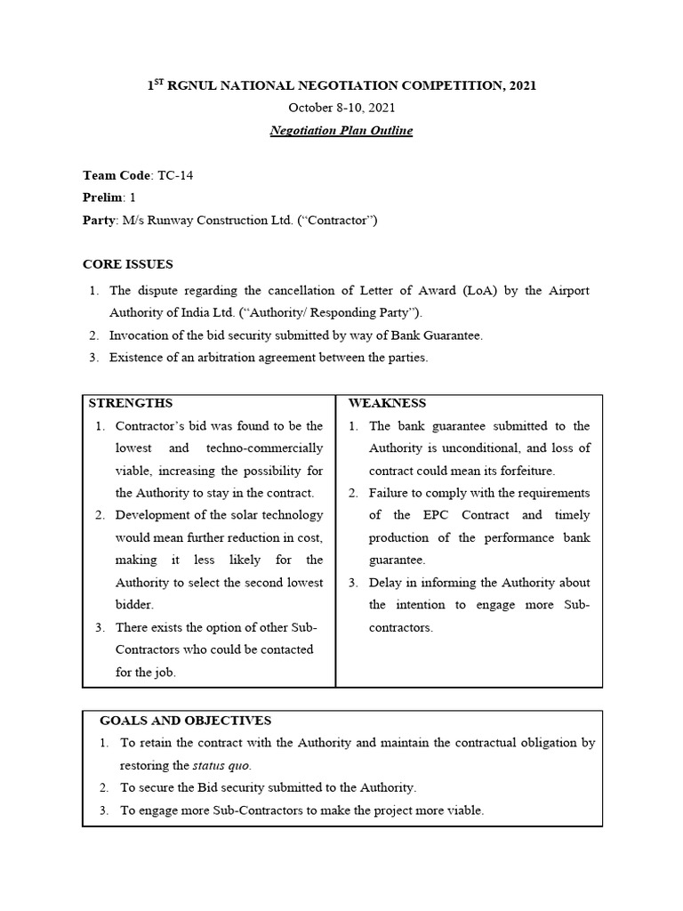 Sample negotiation plan | PDF | Civil Law (Legal System) | Business Law