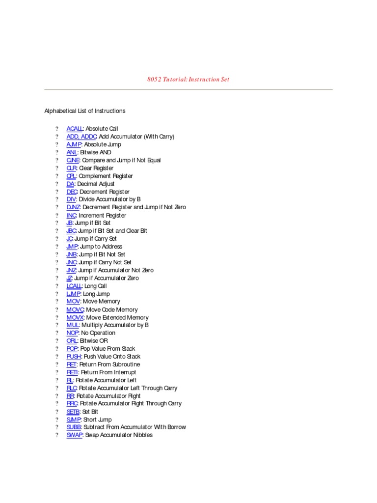 8052 Instr Set | PDF | Subroutine | Pointer (Computer Programming)