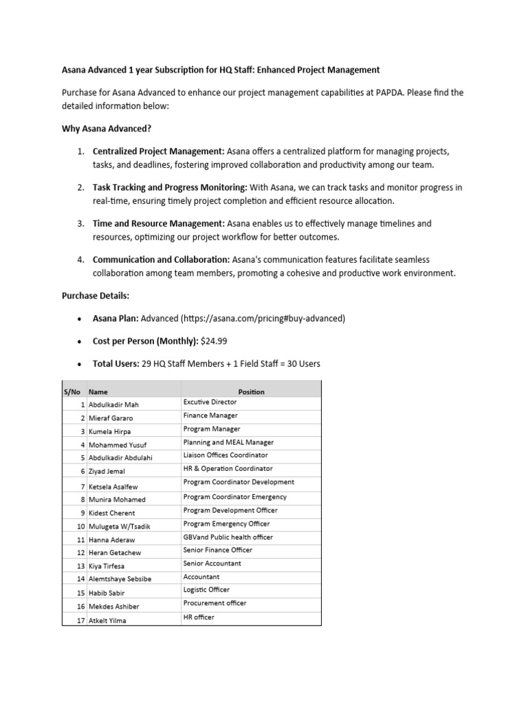 Asana Advanced 1 Year Subscription For HQ Staff | PDF | Economies ...