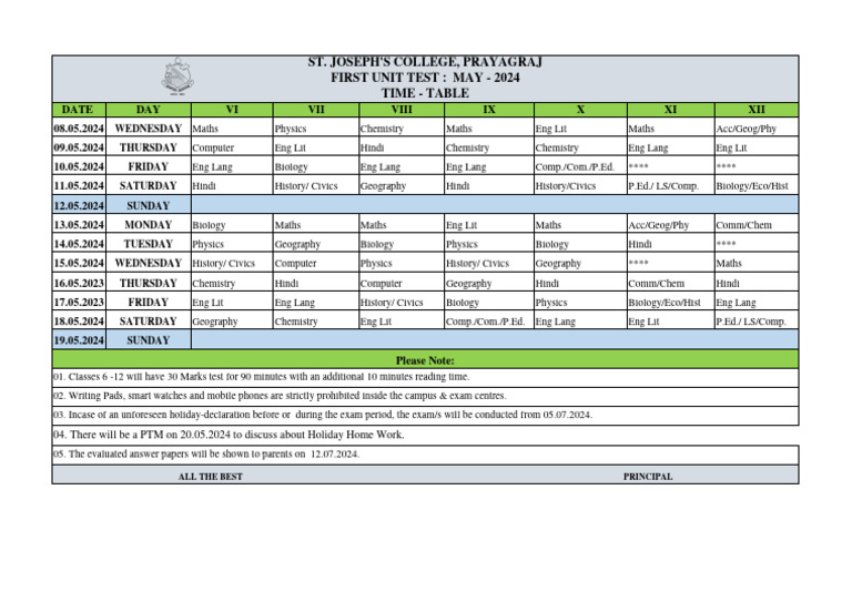 First Unit Test 2024 Classes 6-12 | PDF