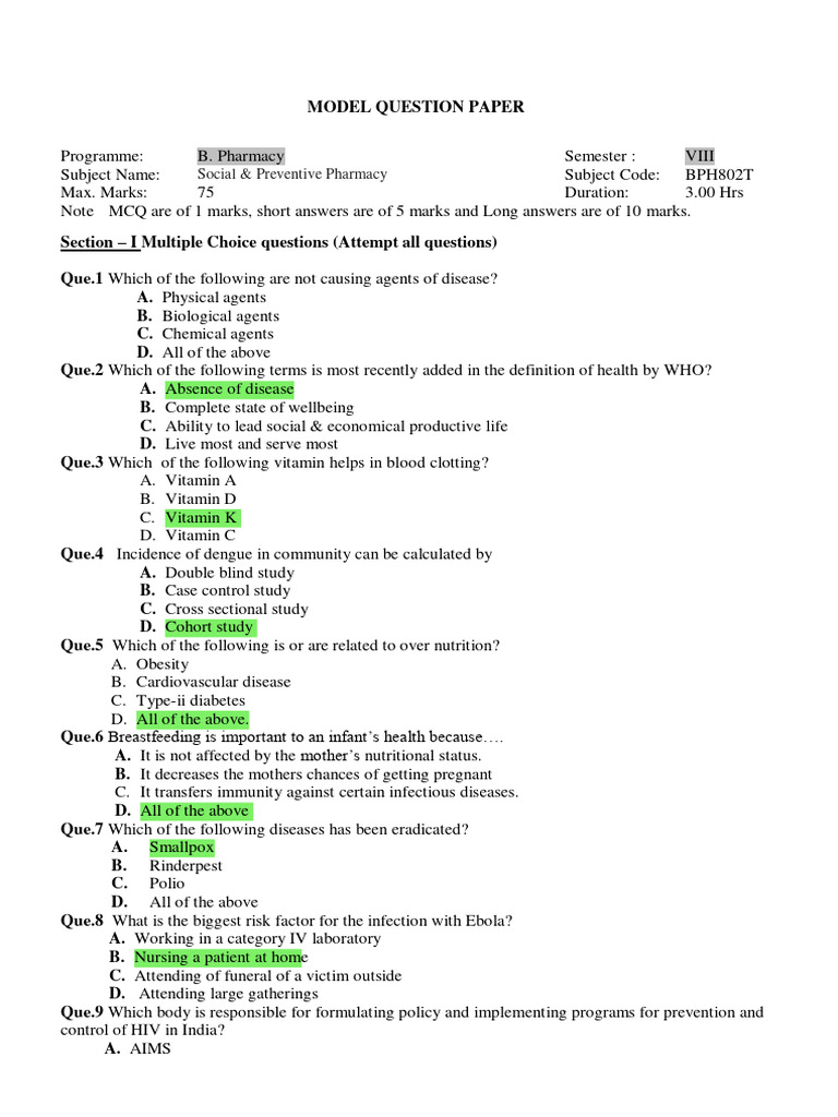 Model Que Paper Social and Preventive Pharmacy | PDF | Infection | World Health Organization