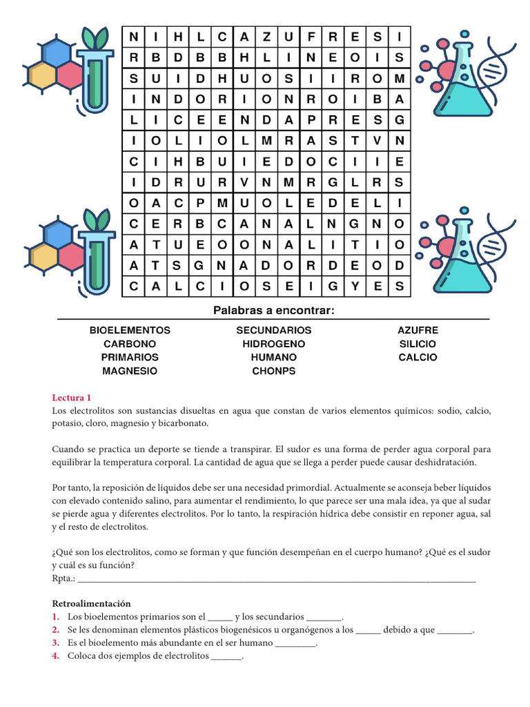 Bioelementos - 3ro Secundaria | Descargar gratis PDF | Electrólito | Agua