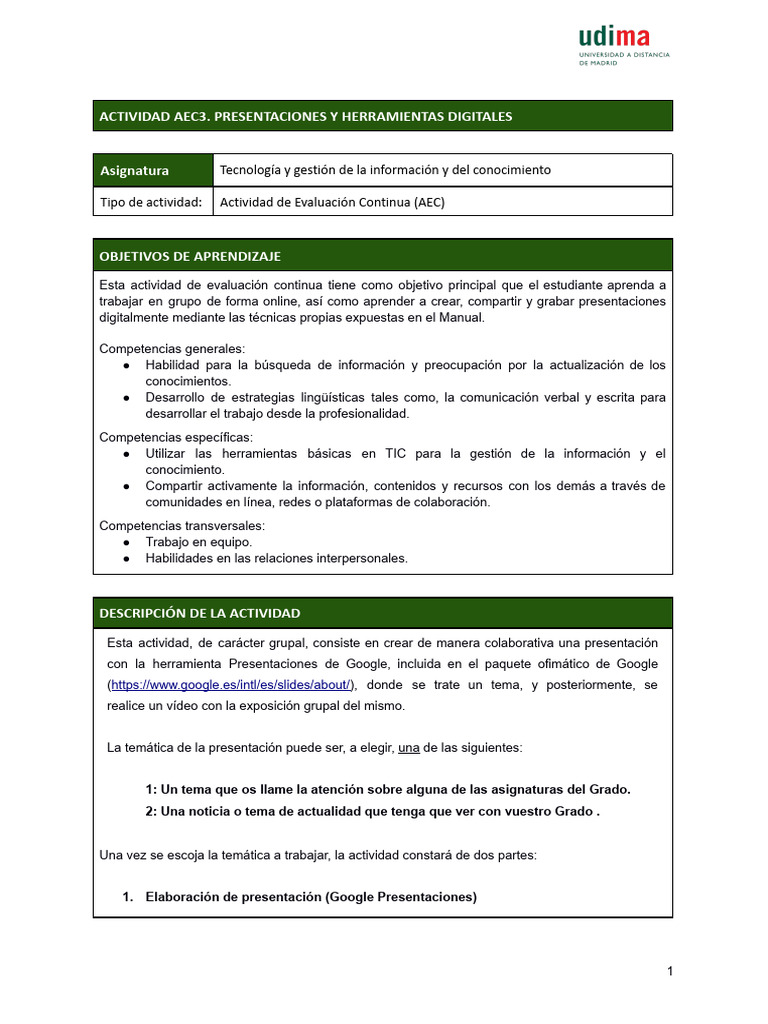 AEC3. Presentaciones y Herramientas Digitales | PDF | Aprendizaje