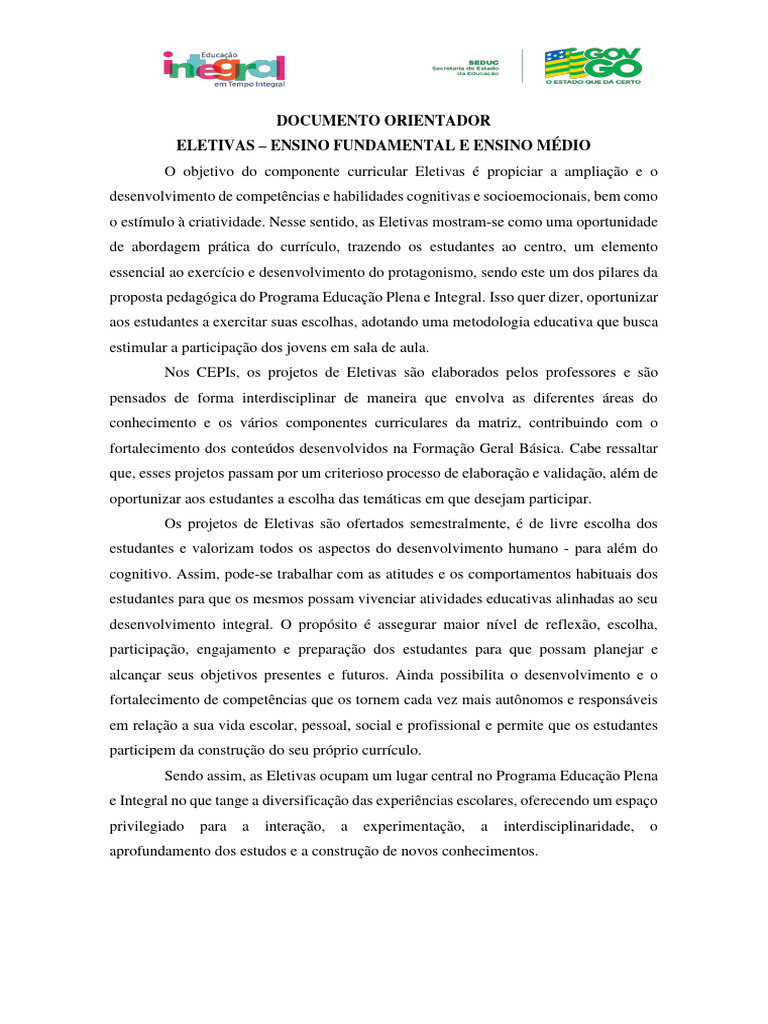 DOCUMENTO ORIENTADOR - Eletivas | PDF | Pedagogia | Interdisciplinaridade