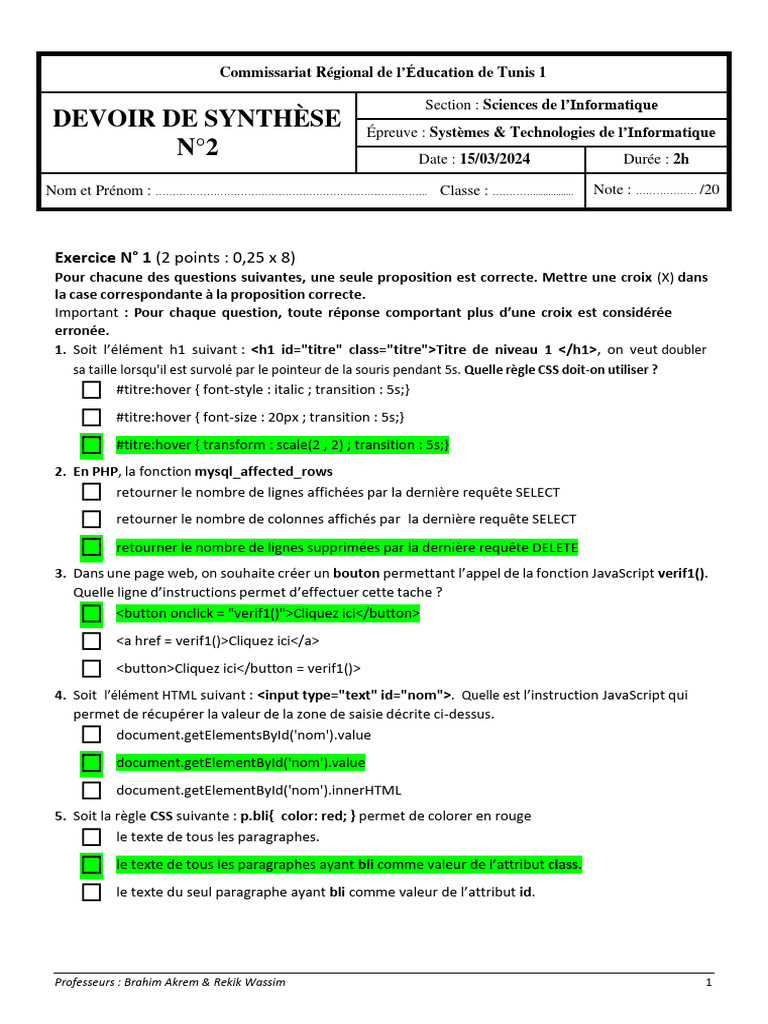 Devoir de synthèse en informatique 2024 | PDF | Élément HTML | Internet