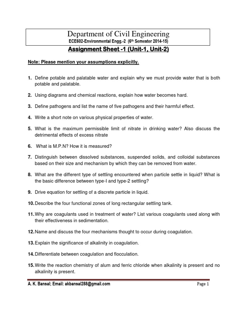 Environmental Engineering 2 Assignment 1 | PDF | Chemical Engineering | Environmental Engineering