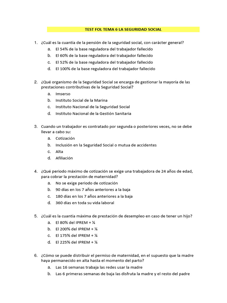 Test Fol Tema 6 La Seguridad Social | PDF | Pensión