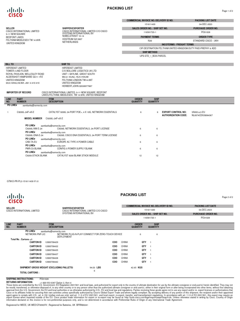 Cisco Packing List - December 2023 | PDF | Trade | Business