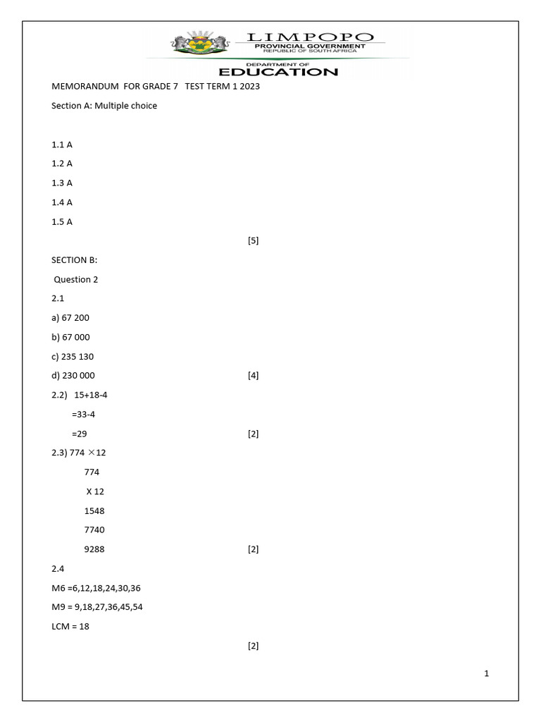 Maths Grade 7 Test Memo | PDF
