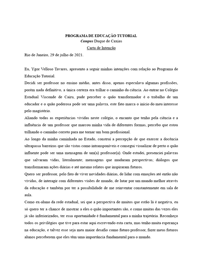 Carta de Intenção - PET | PDF | Química | Intenção