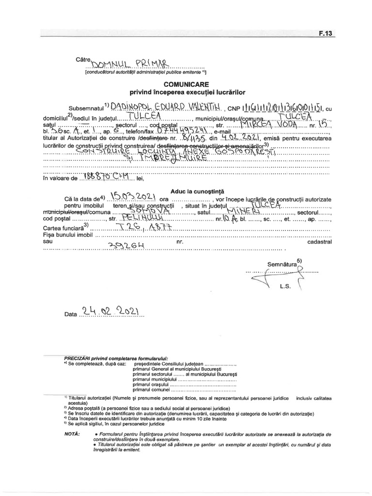 Comunicare de Incepere A Lucrarilor | PDF