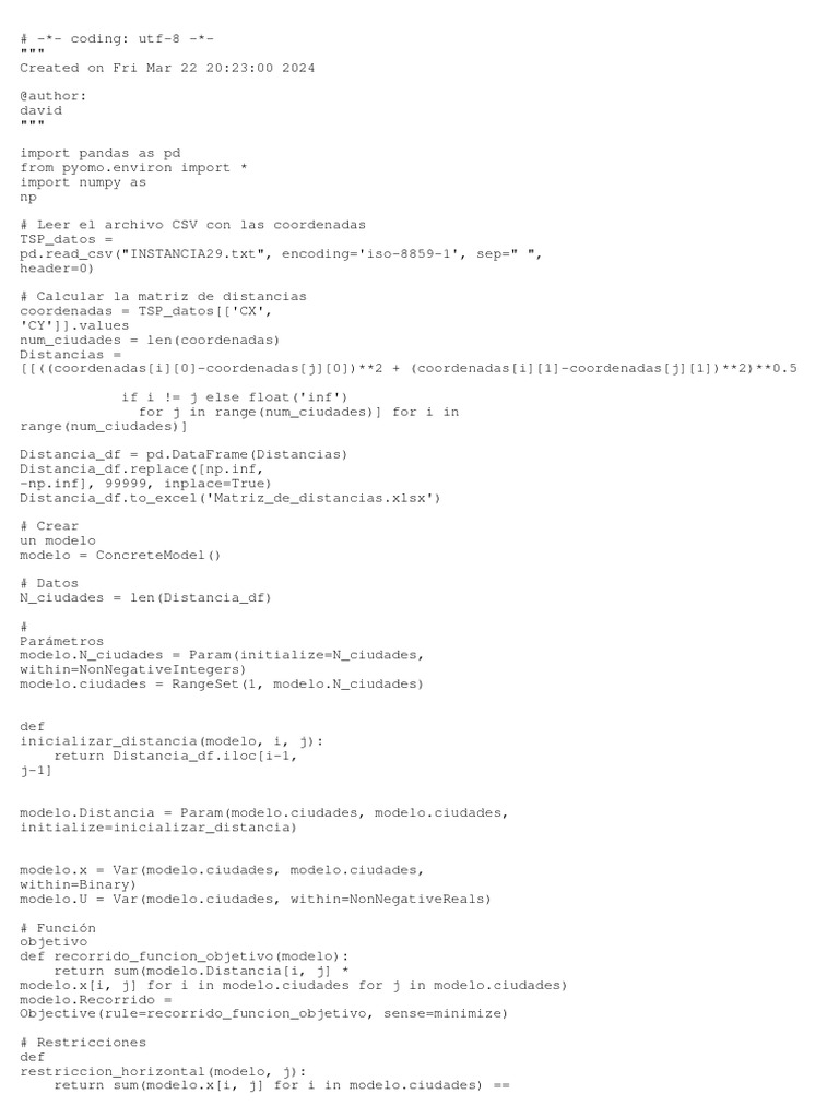 Optimización del TSP con Pyomo y Pandas | PDF