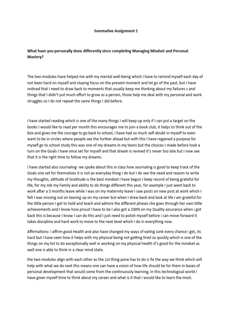 Summative Assignment 1 Pdf Gratitude Mindset 