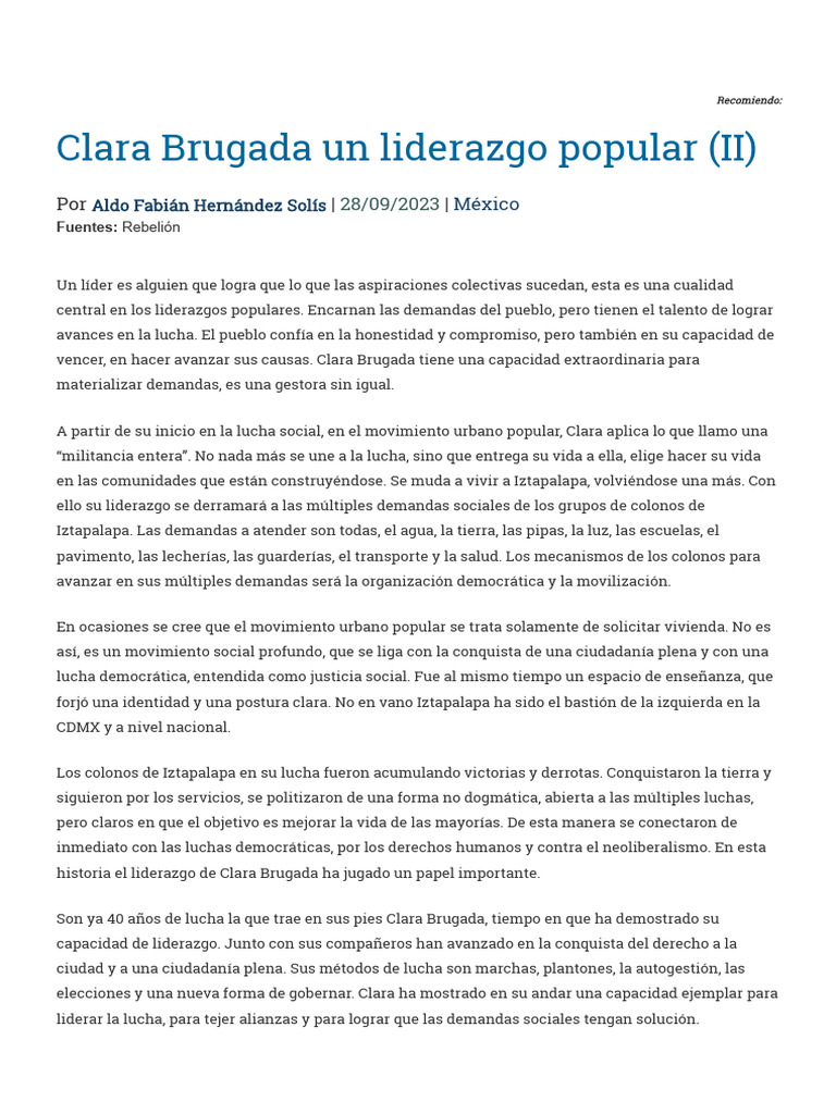 Clara Brugada Un Liderazgo Popular (II) - Rebelion | PDF