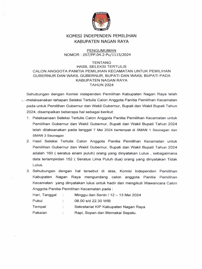 Pengumuman Hasil Seleksi Tertulis Calon PPK PILKADA Tahun 2024 | PDF