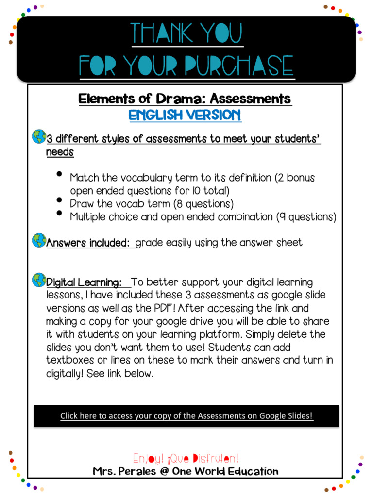 Terms of Use Elements of Drama ENGLISH VERSION Assessments | Download ...
