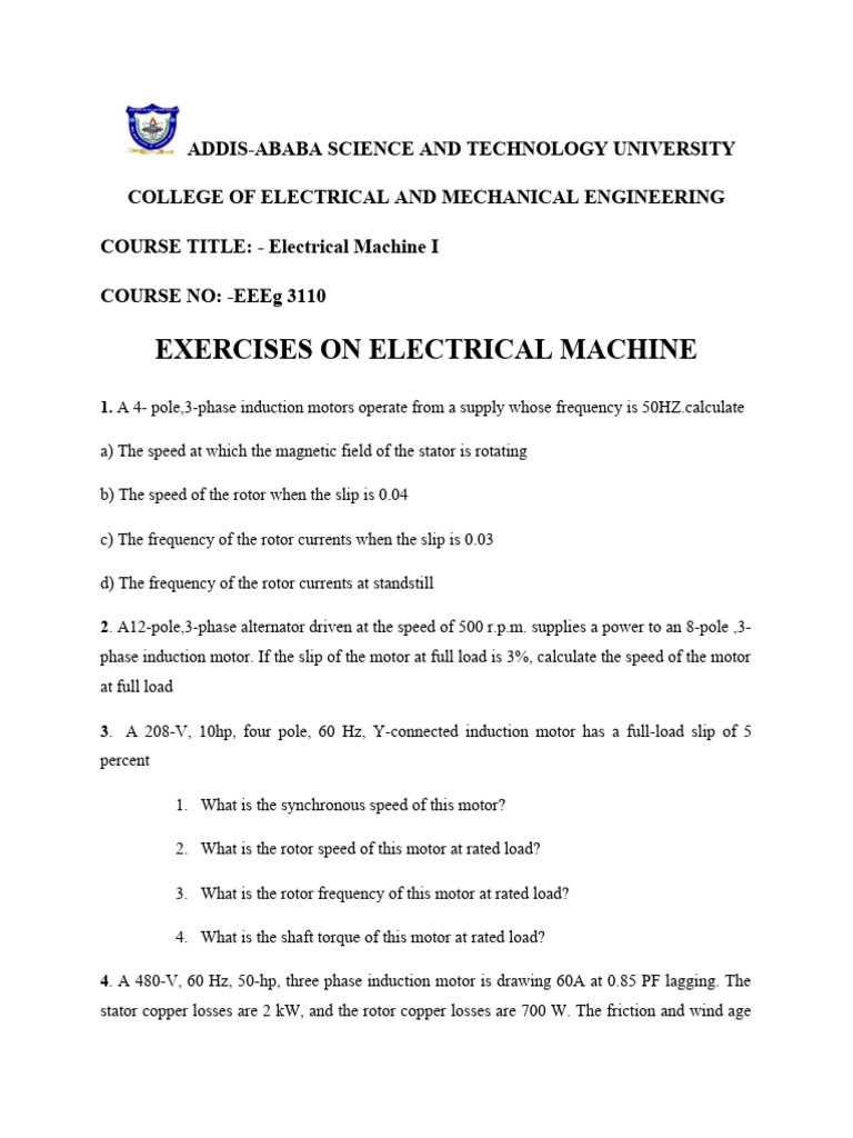 Electrical Machine Exercises and Calculations | PDF | Electric Motor ...