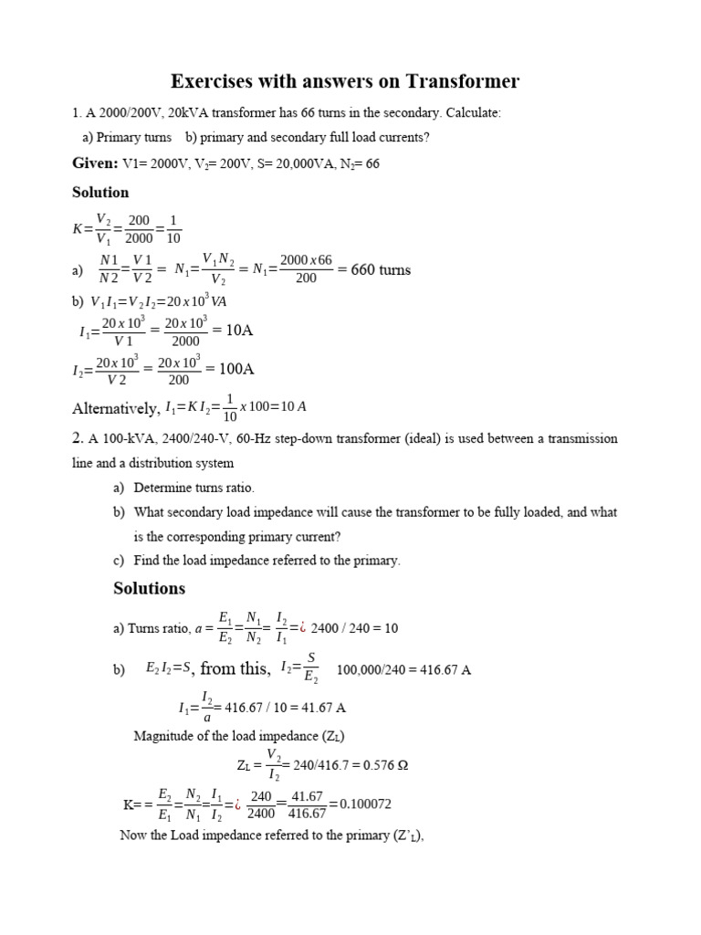 Exercise On Transformes With Answers | PDF | Transformer | Power (Physics)