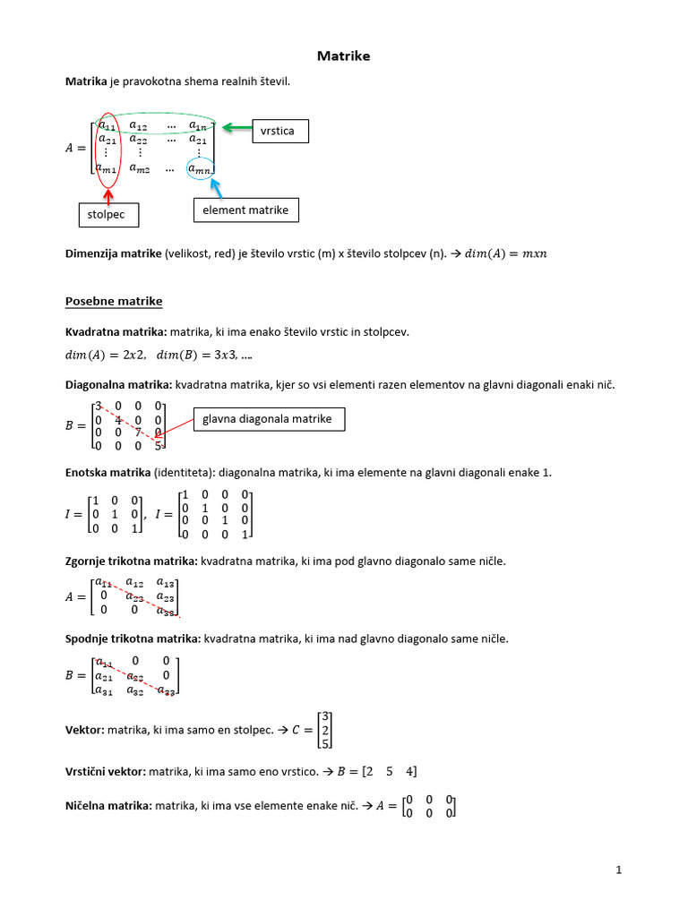 Matrike in Determinante - Pregled Teorije-1 | PDF